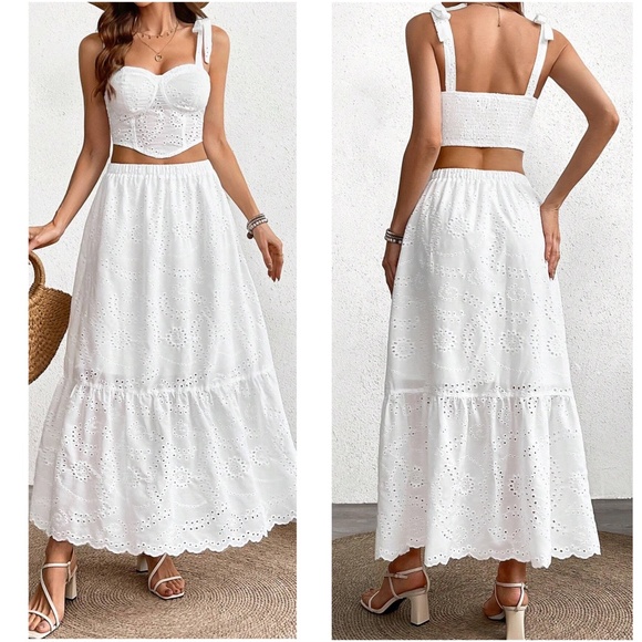 Skirts | Boho White Eyelet Shoulder Tie Crop Top Maxi Skirt Set | Poshmark